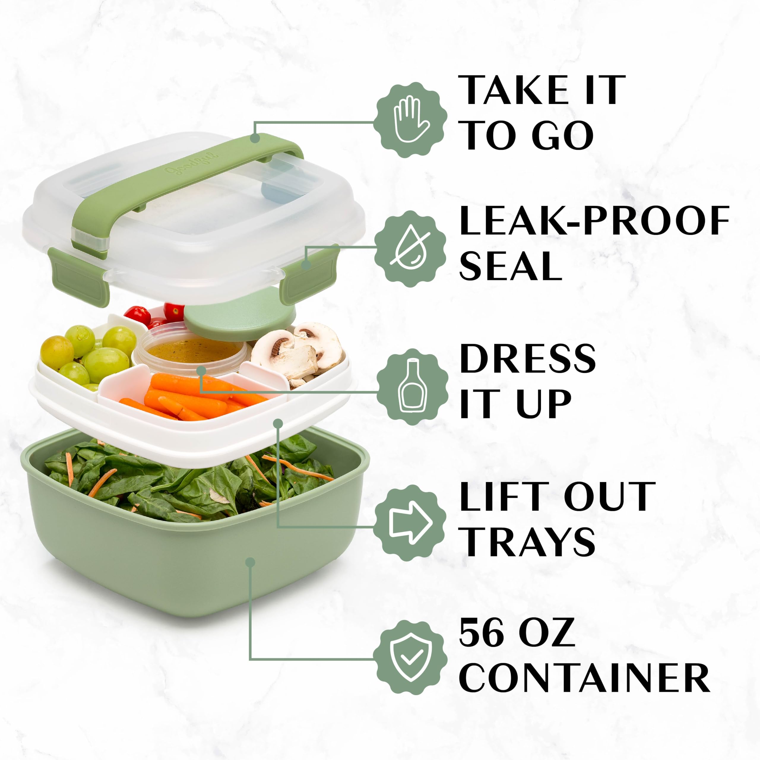 Goodful Stackable Lunch Box Container, Bento Style Food Storage with Removeable Compartments for Sandwich, Snacks, Toppings & Dressing, Leak-Proof and Made without BPA, 56-Oz, Green