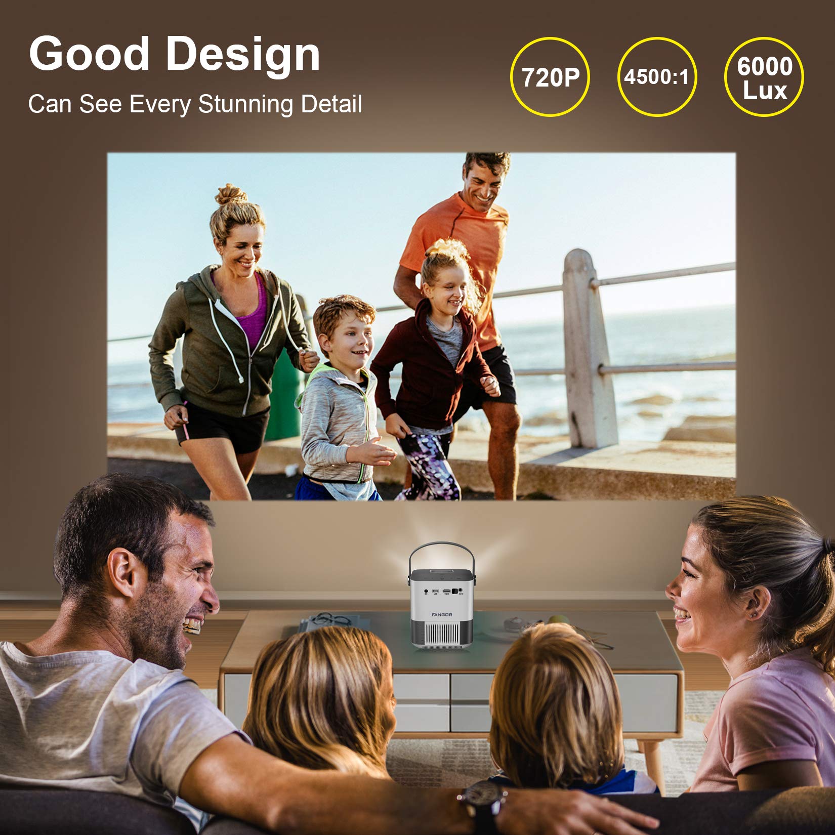 FANGOR WiFi Projector, 200" Display&1080P Supported, 360° Speaker/Bluetooth, 6000L Portable Wireless Mini Projector for Outdoor Movie, Sync Smartphone Screen via WiFi/USB Cable, for iOS/Android