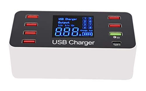 Multi USB 8-Port Smart Fast Desktop Hub Wall Charger Charging Station Quick Charge 3.0 USB Type C Port With LED Display Compatible with Apple Samsung Android Smart Phone, Tablet, Nintendo Switch Games