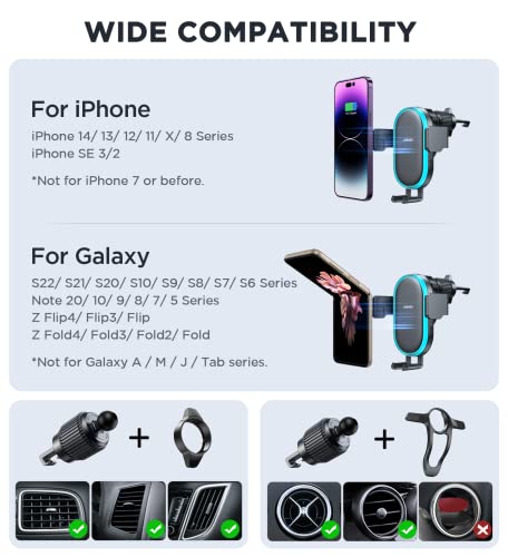 Wireless Car Charger Mount, 15W Dual Coil Car Phone Holder Mount Wireless Charging for iPhone 14/13/12/11/X/8 Series, Auto Clamping Wireless Charging Car Mount for Galaxy Z Flip 4/3 S22/S21 Note 20/10