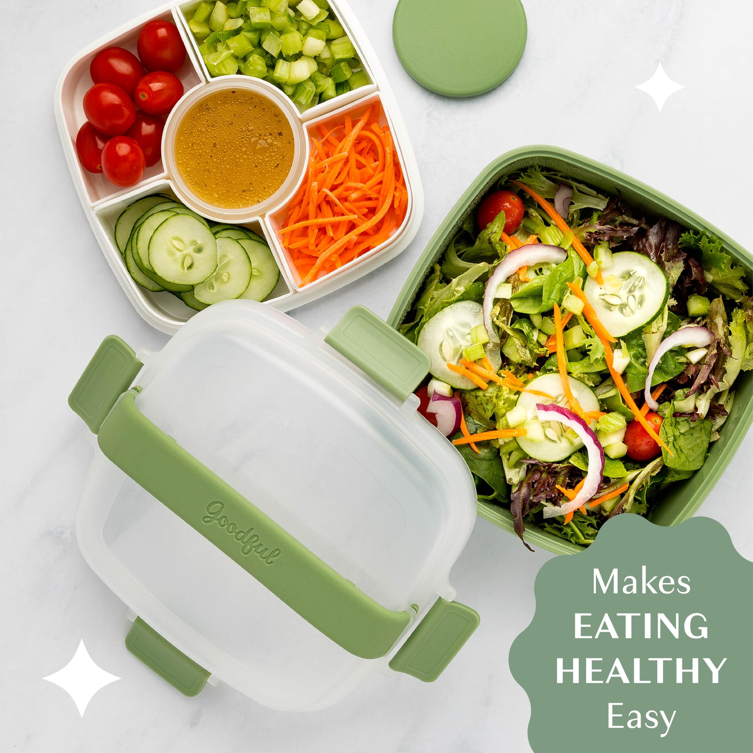 Goodful Stackable Lunch Box Container, Bento Style Food Storage with Removeable Compartments for Sandwich, Snacks, Toppings & Dressing, Leak-Proof and Made without BPA, 56-Oz, Green
