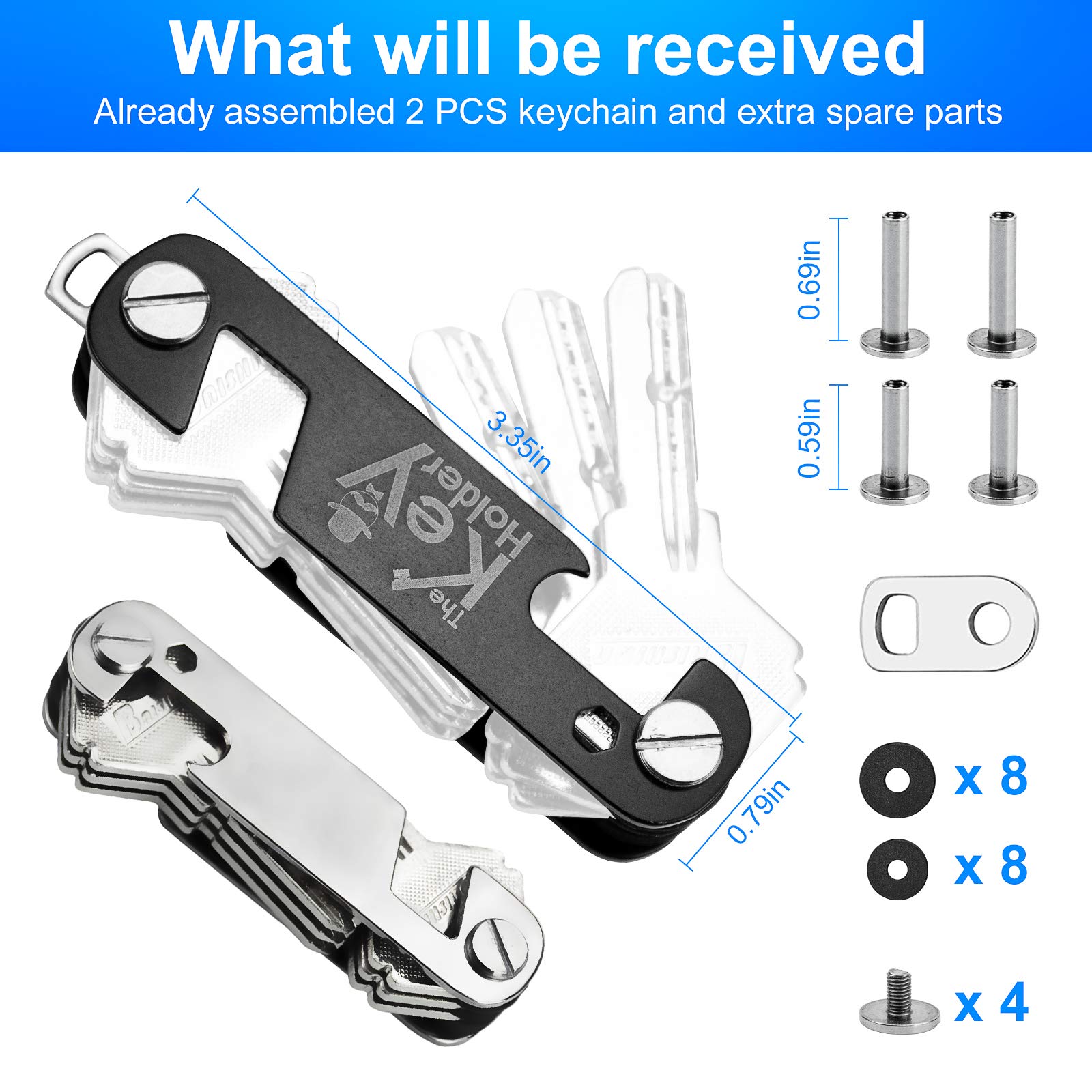 2PCS Key Organizer Keychain, Compact Key Holder Keyring, Smart & Light-weight Multi-tool Folding Key Chain with Bottle Opener/Phone Stand (Up to 6~10 Keys, Black & Silver)