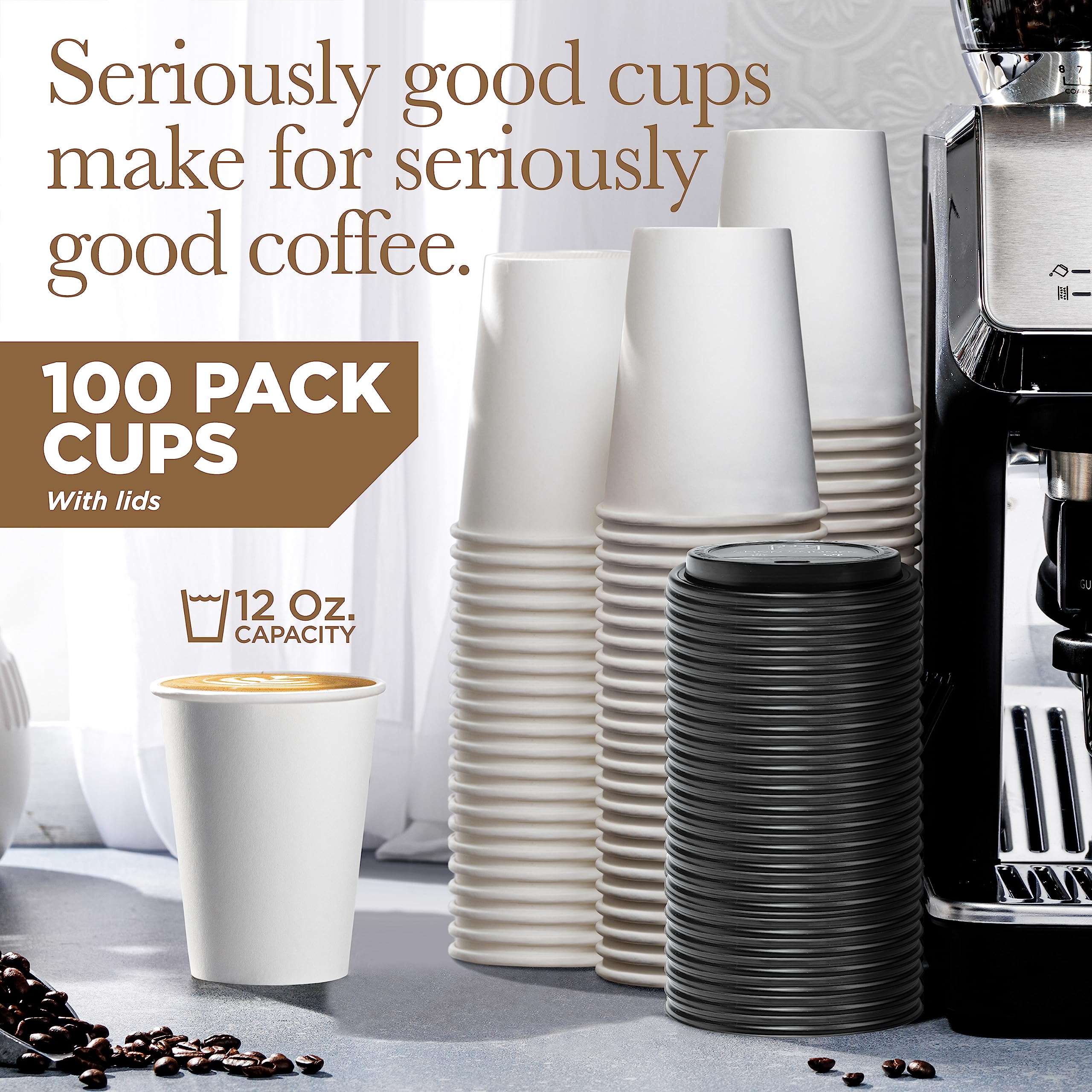Disposable Coffee Cups with Lids 12 oz (100 Pack) - To Go Coffee Cups for Hot & Cold Drinks, Tea, Hot Chocolate, Water - Poly-Coated for No Condensation with Rolled Edge - Coffee Cup Bundle