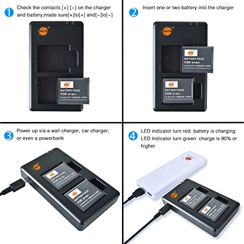 DSTE 2PCS NP-BK1(1300mAh/3.7V) Battery Charger Set Compatible for Sony Bloggie MHS-CM5,MHS-PM5,Cyber-Shot DSC-S750,DSC-S780,DSC-S850,DSC-S950,DSC-S980,DSC-W180,DSC-W190,DSC-W370,Webbie MHS-PM1 Camera