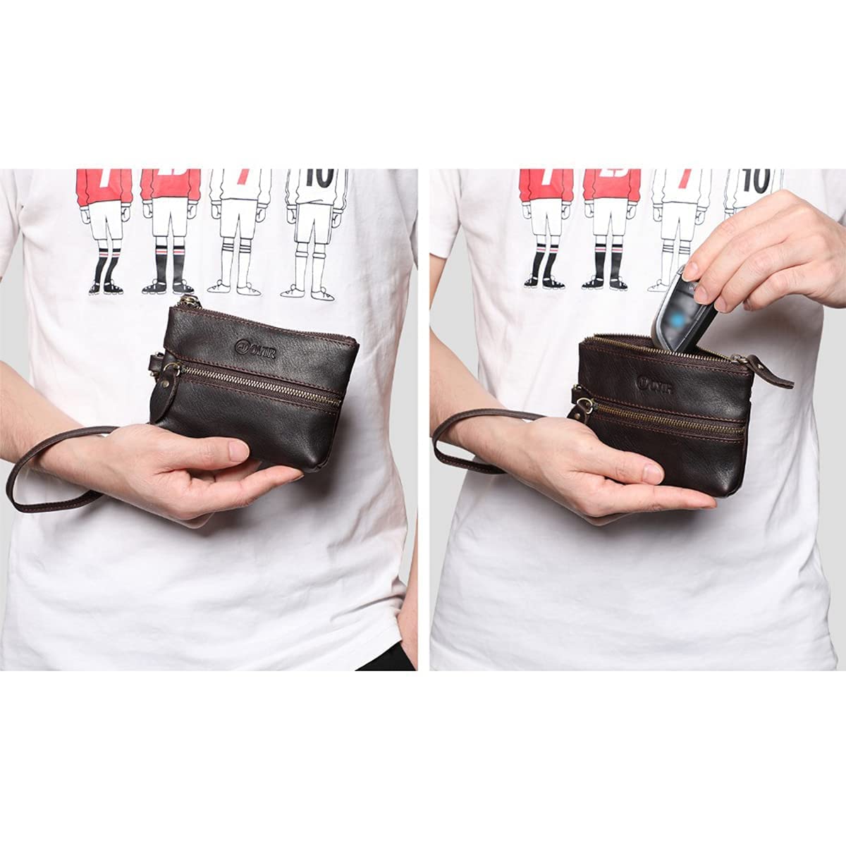 Leather Key Case Wallet, Key Holder Wallet Coin Purse, Genuine Leather Car Smart Key Chain Metal Hook and Keyring Zipper Coin Wallet for Men Women Brown