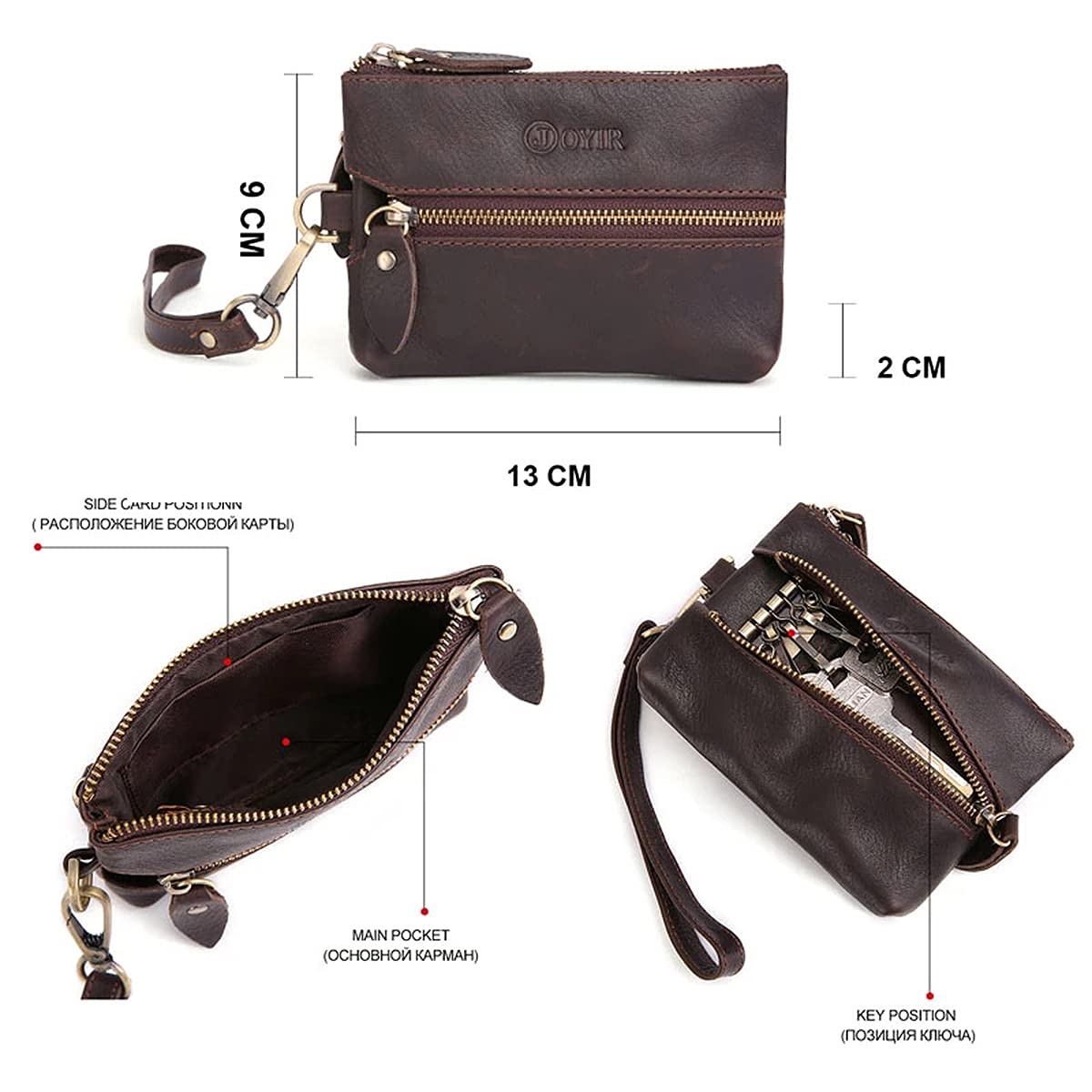 Leather Key Case Wallet, Key Holder Wallet Coin Purse, Genuine Leather Car Smart Key Chain Metal Hook and Keyring Zipper Coin Wallet for Men Women Brown