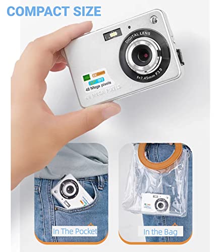 Digital Camera for Teens, 4K 48MP Ultra HD Point and Shoot Camera, 2.7in LCD Rechargeable Students Compact Camera with 8X Digital Zoom, Mini Vlogging Cameras Gift for Kids Beginner (Silver)