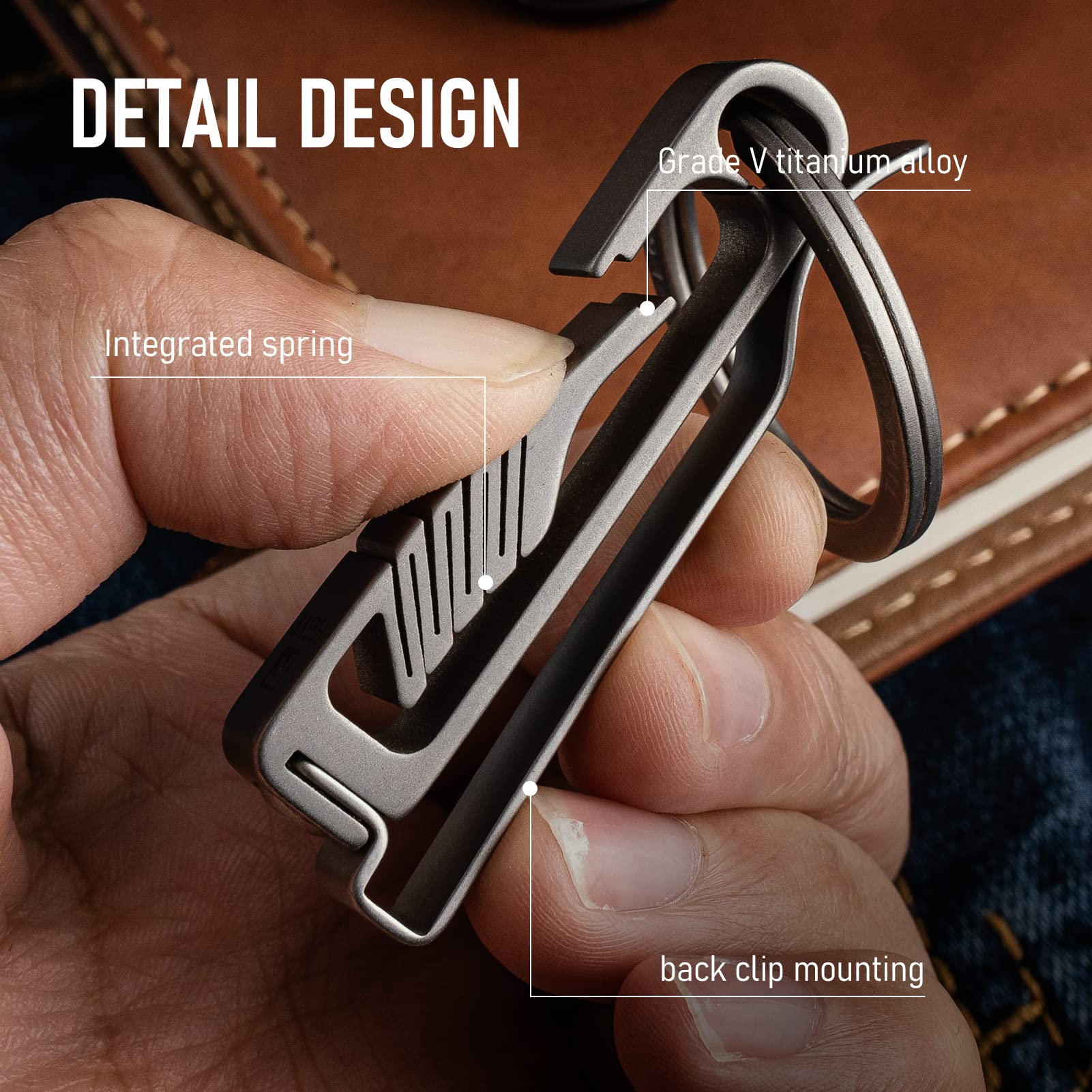 FEGVE Titanium Belt Key Clip with Key Ring, Belt Key Holder Key Chain Clip Black Keychain for Men(Grey)