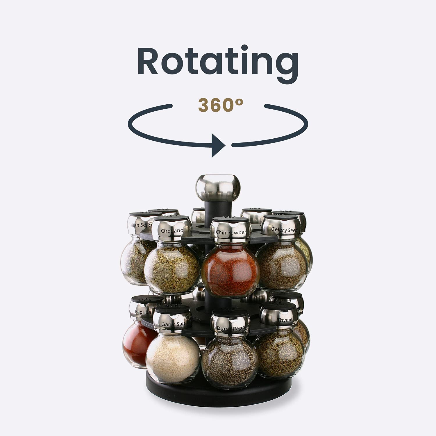 Olde Thompson Orbit Rotating Spice Rack, 16 Refillable Spice Jars With Shaker Tops And Labeled Lids For Frequently Used Spices