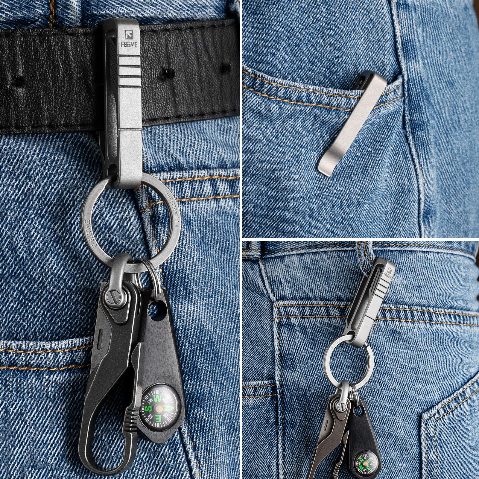 FEGVE Titanium Belt Key Clip with Key Ring, Belt Key Holder Key Chain Clip Black Keychain for Men(Grey)