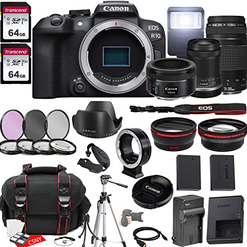 Canon EOS R10 Mirrorless Camera w/RF-S 18-150mm f/3.5-6.3 is STM Lens + EF 75-300mm f/4-5.6 III Lens + EF 50mm f/1.8 STM Lens + 2X 64GB Memory + Hood + Case + Filters + Tripod & More (35pc Bundle)