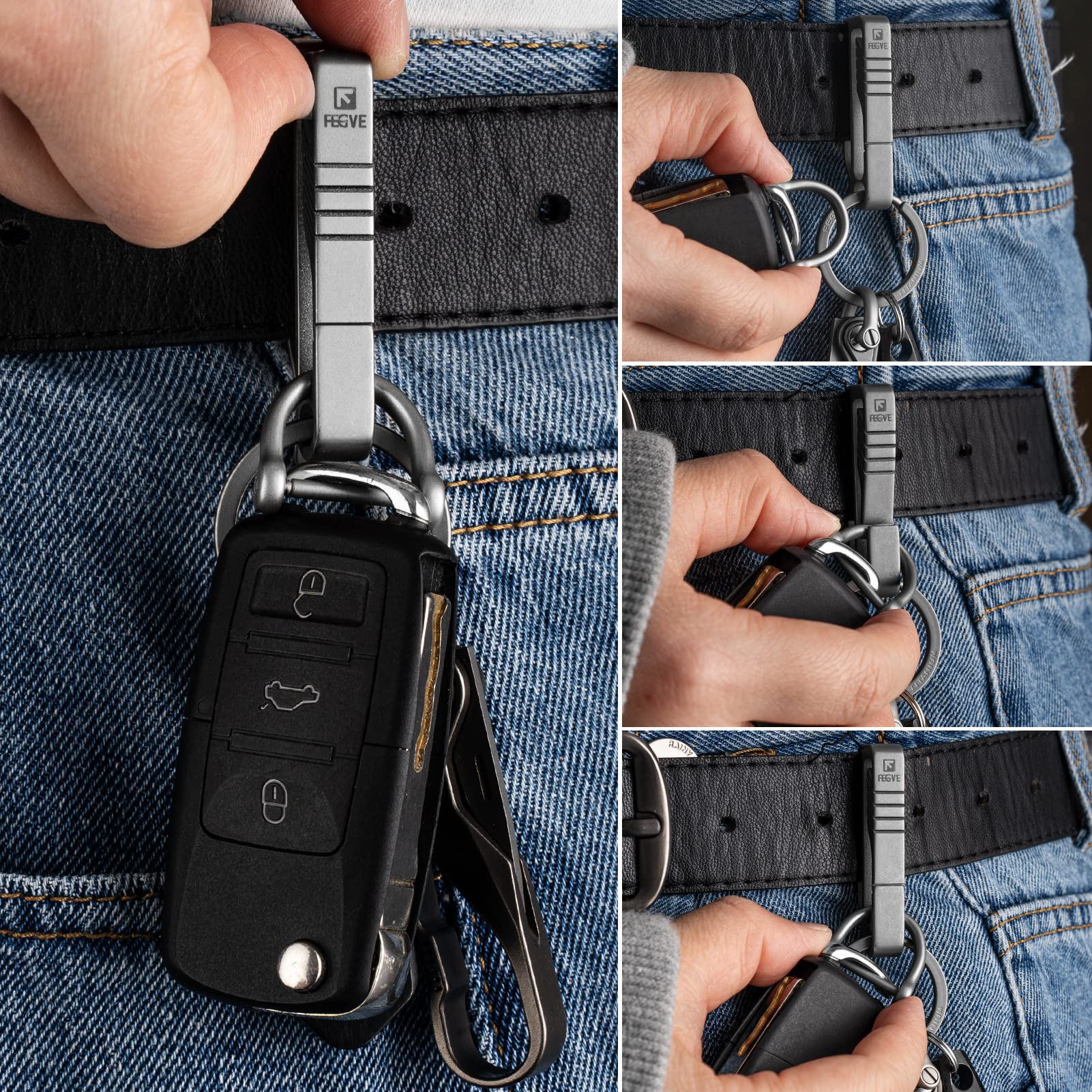 FEGVE Titanium Belt Key Clip with Key Ring, Belt Key Holder Key Chain Clip Black Keychain for Men(Grey)