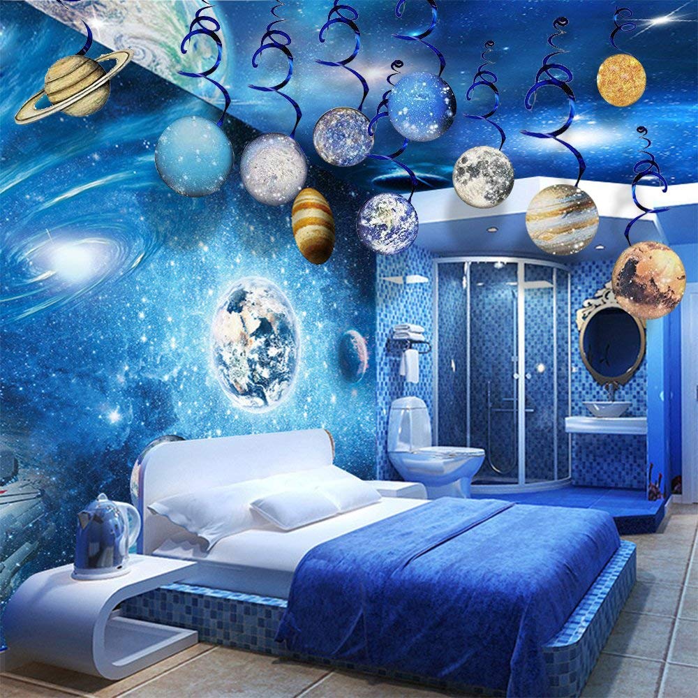 LINDOO 30Pcs Solar System Party Supplies - Outer Space Party Planet Hanging Swirl Decorations