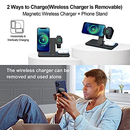 Magnetic Wireless Charger for iPhone 14/14 Plus/13/12/Pro,Pro Max,Mini, FOVAL for Detachable Magsafe Charger Stand Fast Charging Station with QC3.0 Adapter for iWatch/AirPods(Watch Cable NOT in)