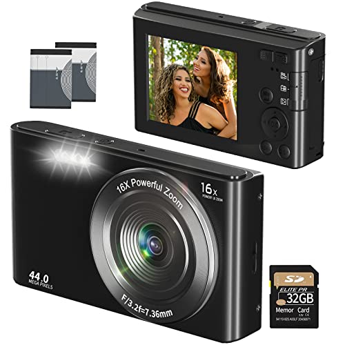 Digital Camera for Kids Teens Boys Girls Adults 4K 44MP with 32GB SD Card, 2.4 Inch Point and Shoot Camera with16X Digital Zoom, Compact Mini Camera Kids Camera for Students Seniors(Black1)