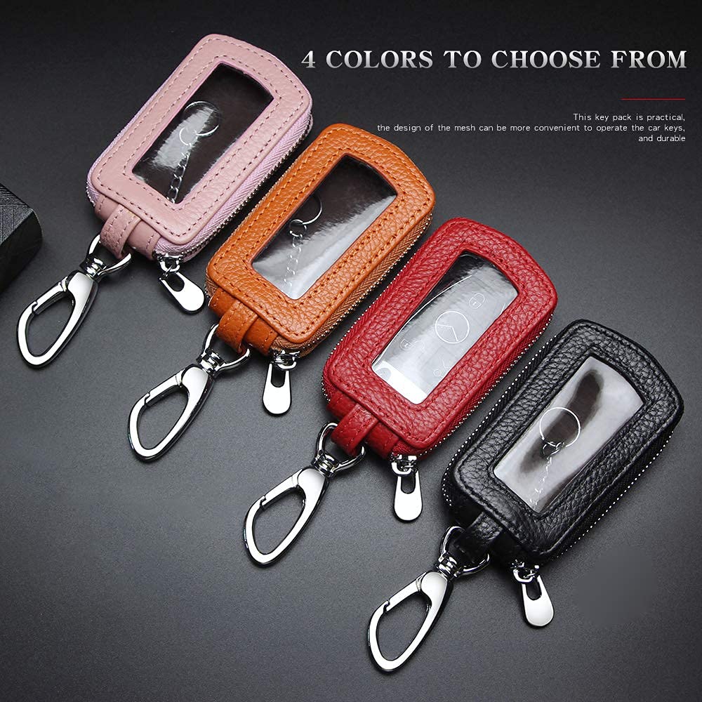 VSLIH Universal Vehicle Car Key case Genuine Leather Car Smart Key Chain Keychain Holder Metal Hook and Keyring Zipper Bag for Remote Key Fob