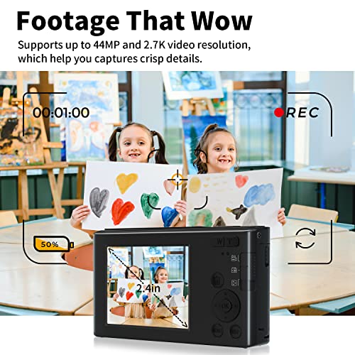 Digital Camera for Kids Teens Boys Girls Adults 4K 44MP with 32GB SD Card, 2.4 Inch Point and Shoot Camera with16X Digital Zoom, Compact Mini Camera Kids Camera for Students Seniors（Black1）