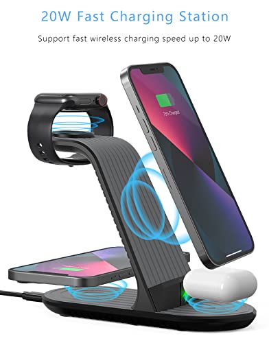 4 in 1 Wireless Charging Station, 20W Fast Wireless Charger for Multiple Devices Apple iWatch 7/SE/6/5/4/3/2 iPhone 13/13 Pro Max/13 Pro/12/11 AirPods Pro(with QC 3.0 Adapter)
