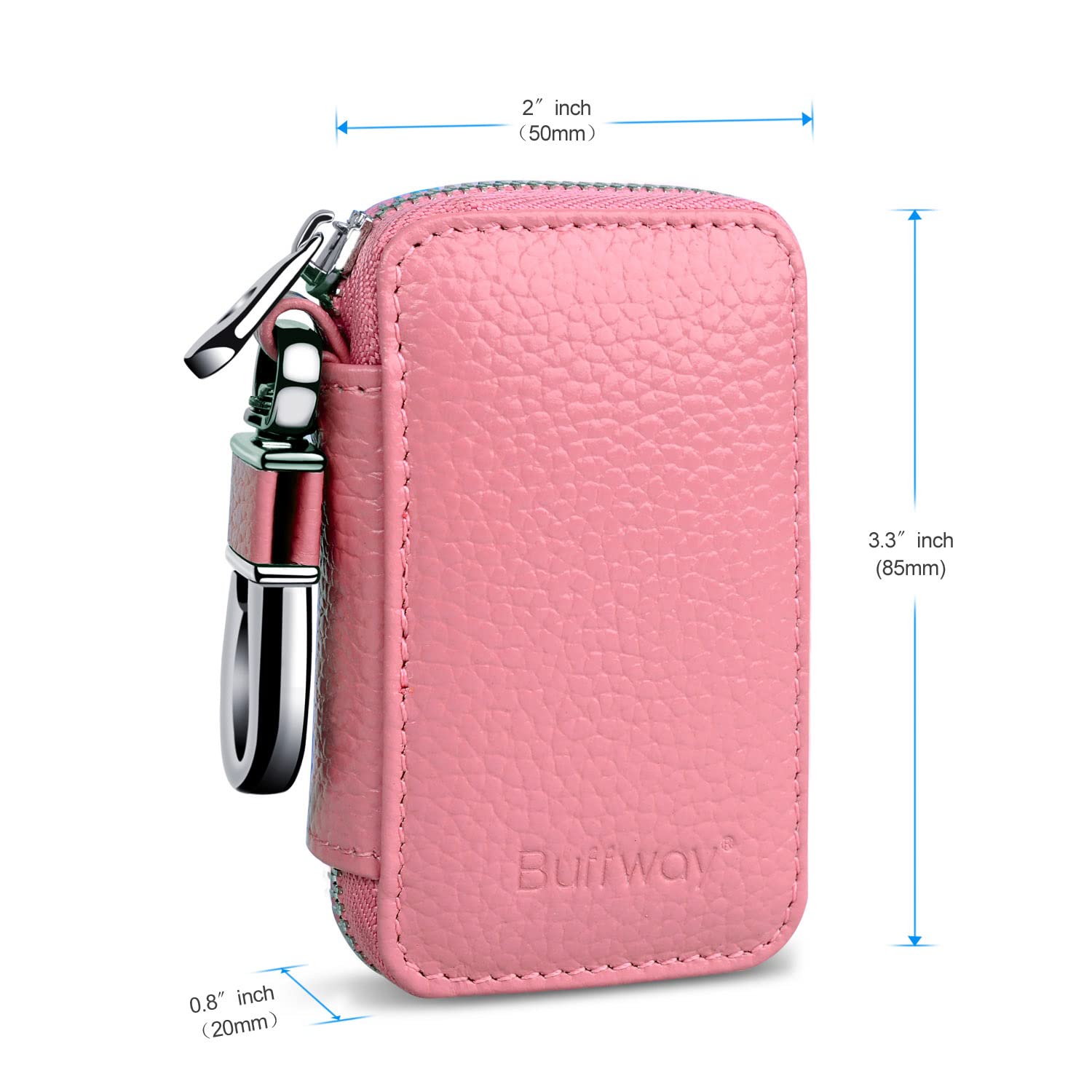 Buffway Car Key Cover,Genuine Leather Car Smart Key Chain Coin Holder Metal Hook and Keyring Wallet Zipper Bag for Auto Remote Key Fob - Pink