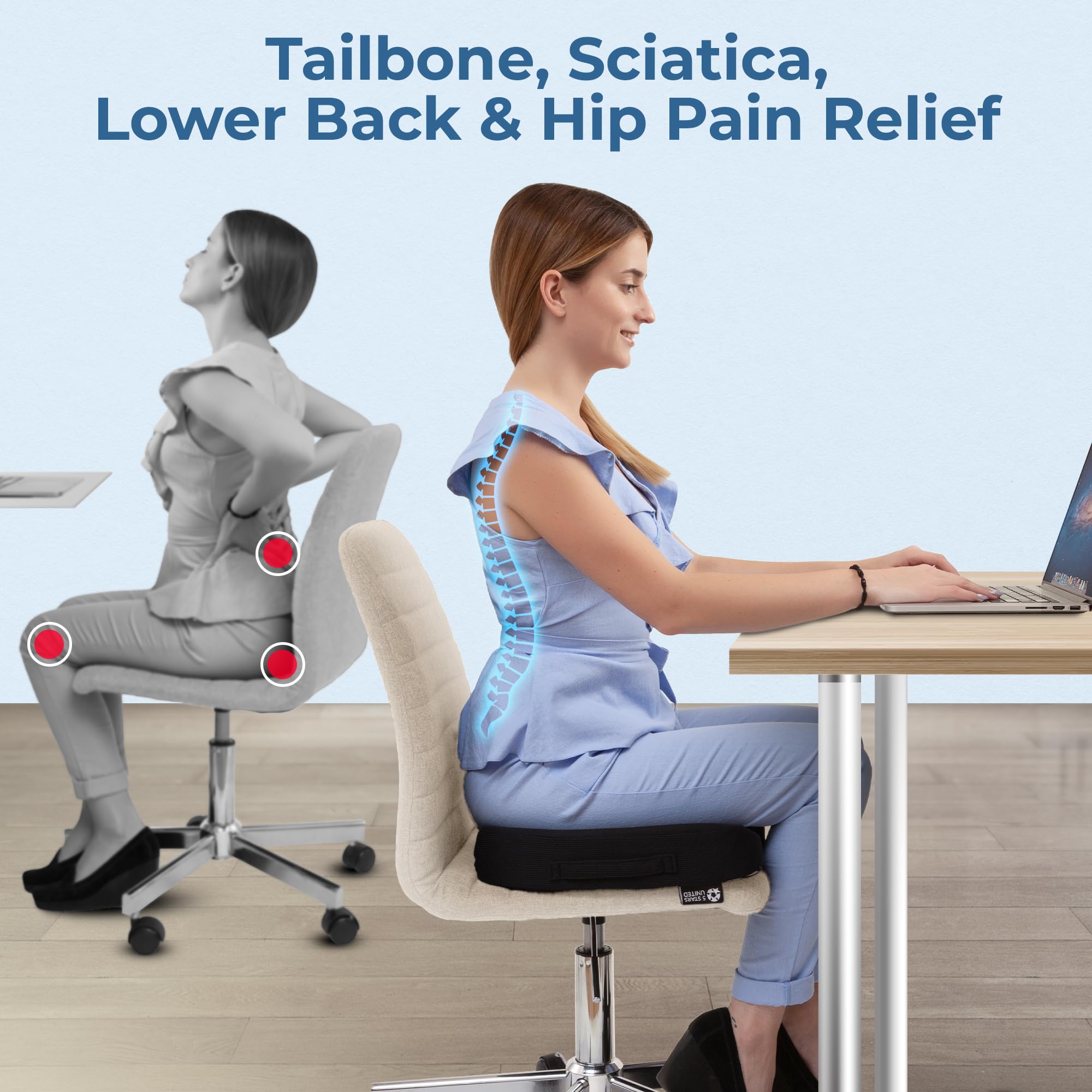 Seat Cushion Pillow for Office Chair - Memory Foam Firm Coccyx Pad - Tailbone, Sciatica, Lower Back Pain Relief - Lifting Cushion for Car, Wheelchair, School Chair, Computer and Desk Chair