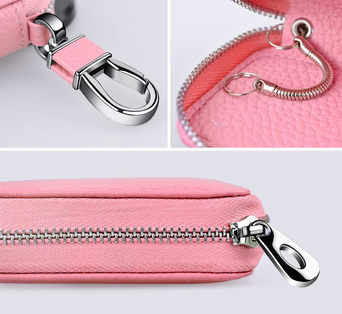 Buffway Car Key Cover,Genuine Leather Car Smart Key Chain Coin Holder Metal Hook and Keyring Wallet Zipper Bag for Auto Remote Key Fob - Pink