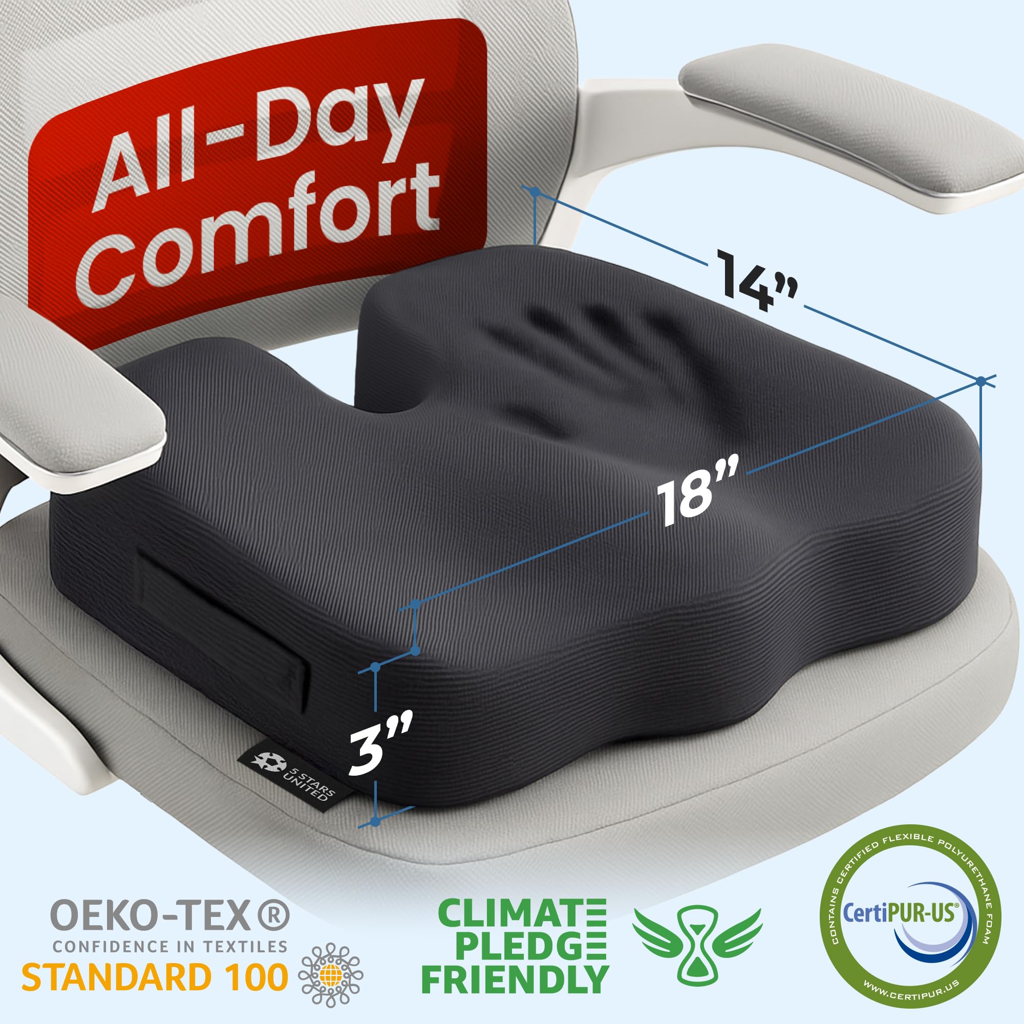 Seat Cushion Pillow for Office Chair - Memory Foam Firm Coccyx Pad - Tailbone, Sciatica, Lower Back Pain Relief - Lifting Cushion for Car, Wheelchair, School Chair, Computer and Desk Chair