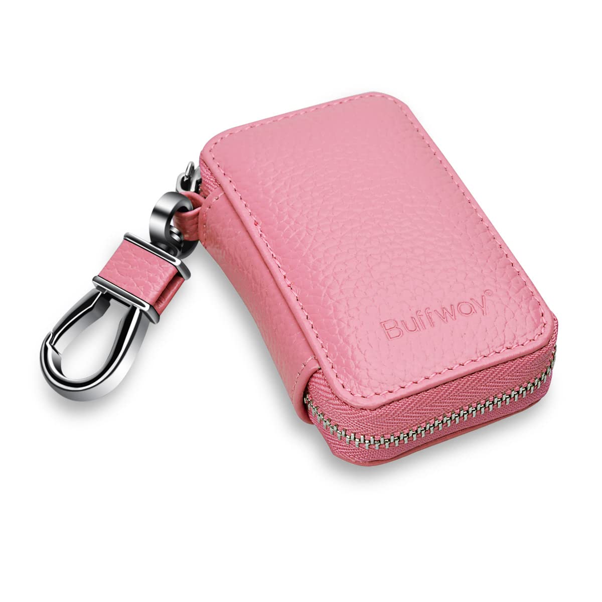 Buffway Car Key Cover,Genuine Leather Car Smart Key Chain Coin Holder Metal Hook and Keyring Wallet Zipper Bag for Auto Remote Key Fob - Pink