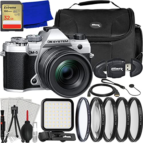 Ultimaxx Essential OM-5 Camera with 12-45mm Lens Bundle (Silver) - Includes: 32GB Extreme Memory Card, 4PC Macro Close-Up Filter Kit, LED Light Kit, Water-Resistant Gadget Bag & More (26pc Bundle)
