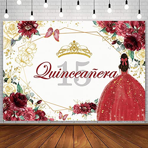 Sendy 7x5ft Quinceanera 15th Birthday Backdrop for Sweet Girl Mis Quince Anos Party Decorations Red and Gold Glitter Floral Crown Butterfly Banner Photography Background Cake Table Props