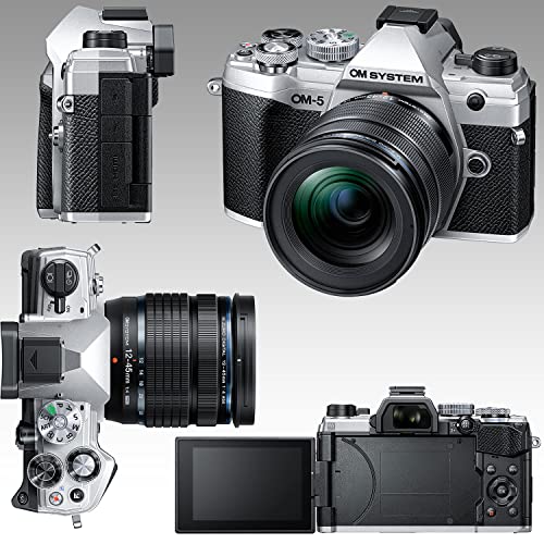 Ultimaxx Essential OM-5 Camera with 12-45mm Lens Bundle (Silver) - Includes: 32GB Extreme Memory Card, 4PC Macro Close-Up Filter Kit, LED Light Kit, Water-Resistant Gadget Bag & More (26pc Bundle)