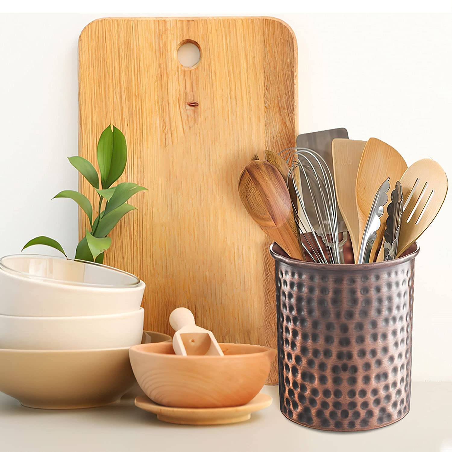 Monarch Abode Kitchen Utensil Holder, Hand Hammered Caddy, Kitchen Organization for Utensils, Crock for Cooking Utensils, Antique Copper Finish, Large, 19677