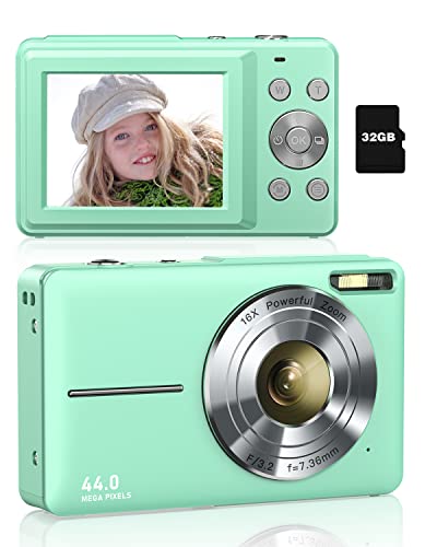 Digital Camera for Kids, Lecran 1080P 44MP Kids Camera with 32GB Card Point and Shoot Camera with 16X Zoom, Compact Portable Cameras Christmas Birthday Gift for Children Kids Teens Girl Boy(Green)