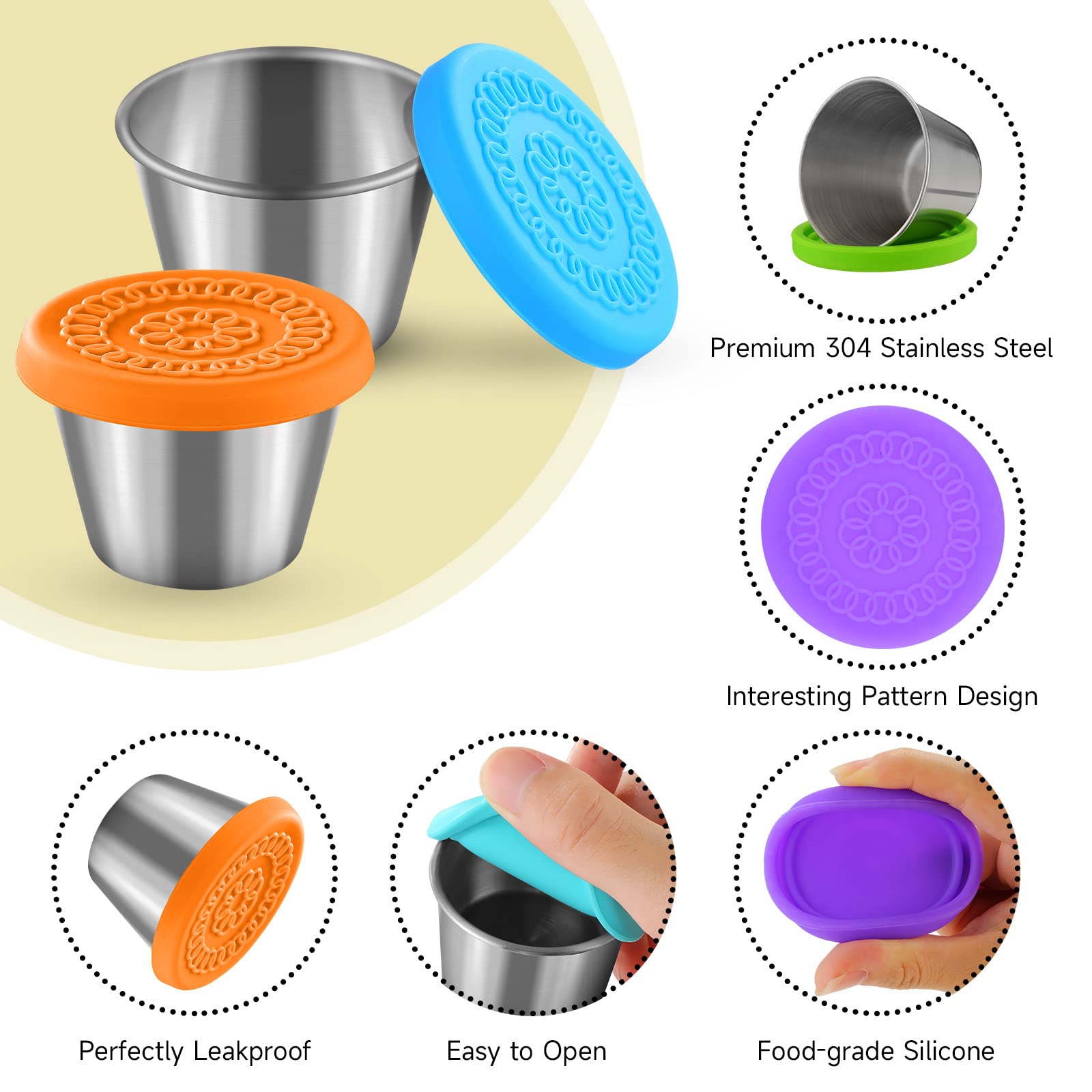 LEGELITE 10 Pack Salad Dressing Containers To Go, Reusable Small Condiment Containers with Lids, Stainless Steel Condiment Cup, Dipping Sauce Cups Container for Lunch (2.5OZ)