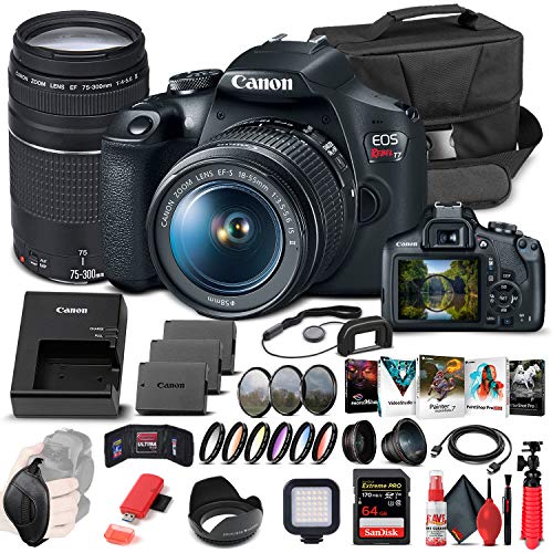 Canon EOS Rebel T7 DSLR Camera with 18-55mm and 75-300mm Lenses (2727C021), 64GB Memory Card, Corel Photo Software, 2 x LPE10 Battery, Card Reader, LED Light, Filter Kit + More (Renewed)