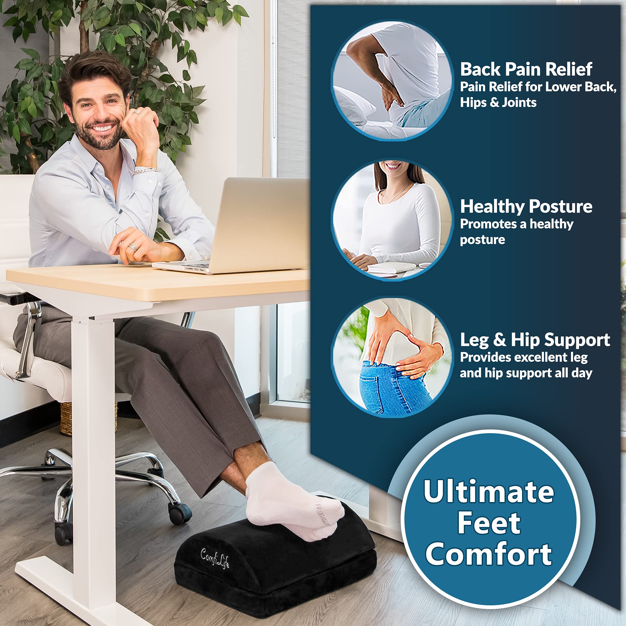 ComfiLife Foot Rest for Under Desk at Work β Adjustable Memory Foam Foot Rest for Office Chair & Gaming Chair β Ergonomic Design for Back & Hip Pain Relief (Black)
