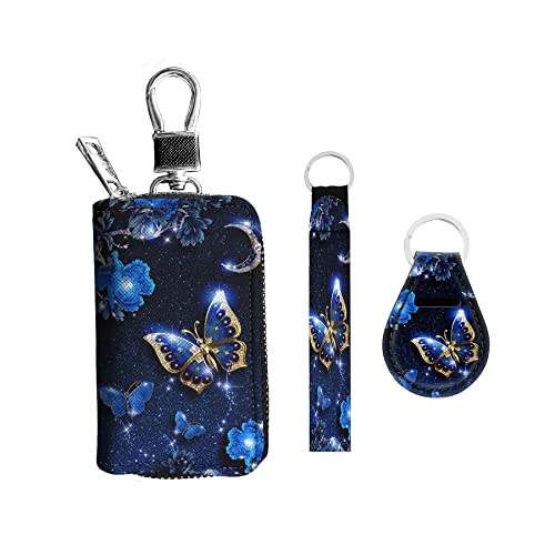 Cozeyat Leather Keyring Holder for Women Girls,Bling Butterflies Blue Design Wristlet Straps Key Chain Holder with Zipper,Pack of 3 Auto Smart Keychain Purse Accessories