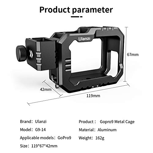 Vlog Housing Cage for Gopro 9/10/11, ULANZI G9-14 Upraged Aluminum Video Case Metal Frame, Cold Shoe Mount for Mic Light, Detachable Audio Adapter Vlogger Accessory for Gopro Hero 9/10/11 Black