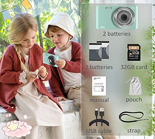 UIKICON Digital Camera, FHD 1080P Kids Camera Video Camera with 32GB SD Card 16X Digital Zoom, Compact Point and Shoot Camera Portable Small Camera for Teens Students Boys Girls - Green