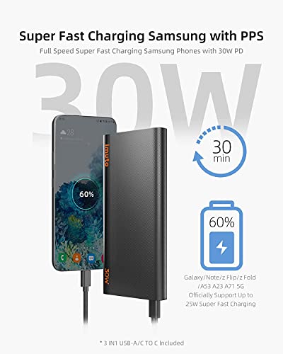 Slim Portable Charger 30W, imuto PPS Samsung Super Fast Charging 30W for Galaxy S22 S21 S20, Portable Charger Flip, Note 9 10 20, A23 53 5G, Portable Charger Pixel 6 7, 30W Power Bank for Samung Pixel