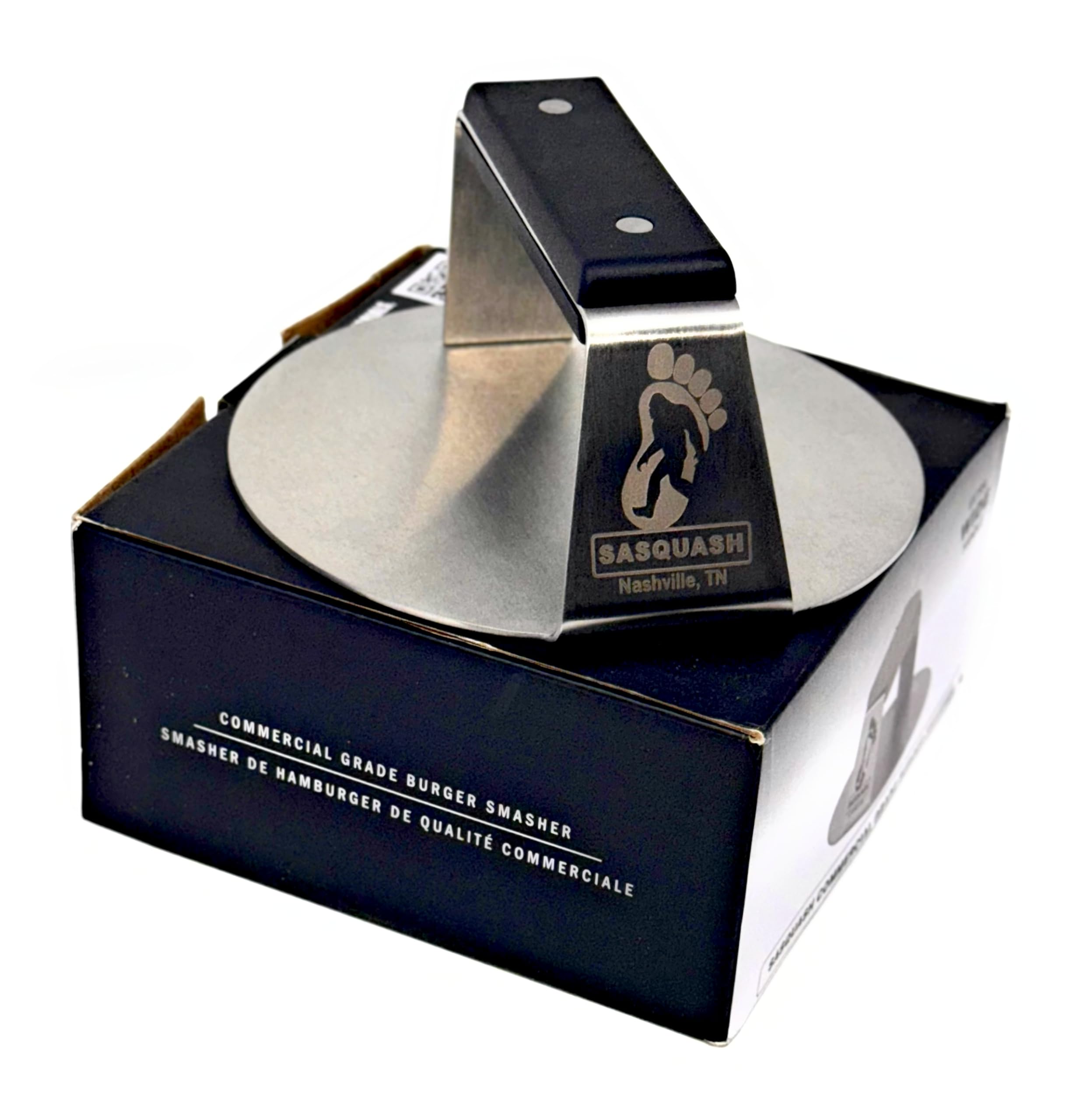 The Sasquash - 6" Heavy Duty Extra Wide Flat Handle Smashed Burger Press - Commercial Grade One-Piece Welded Stainless Steel Burger Smasher