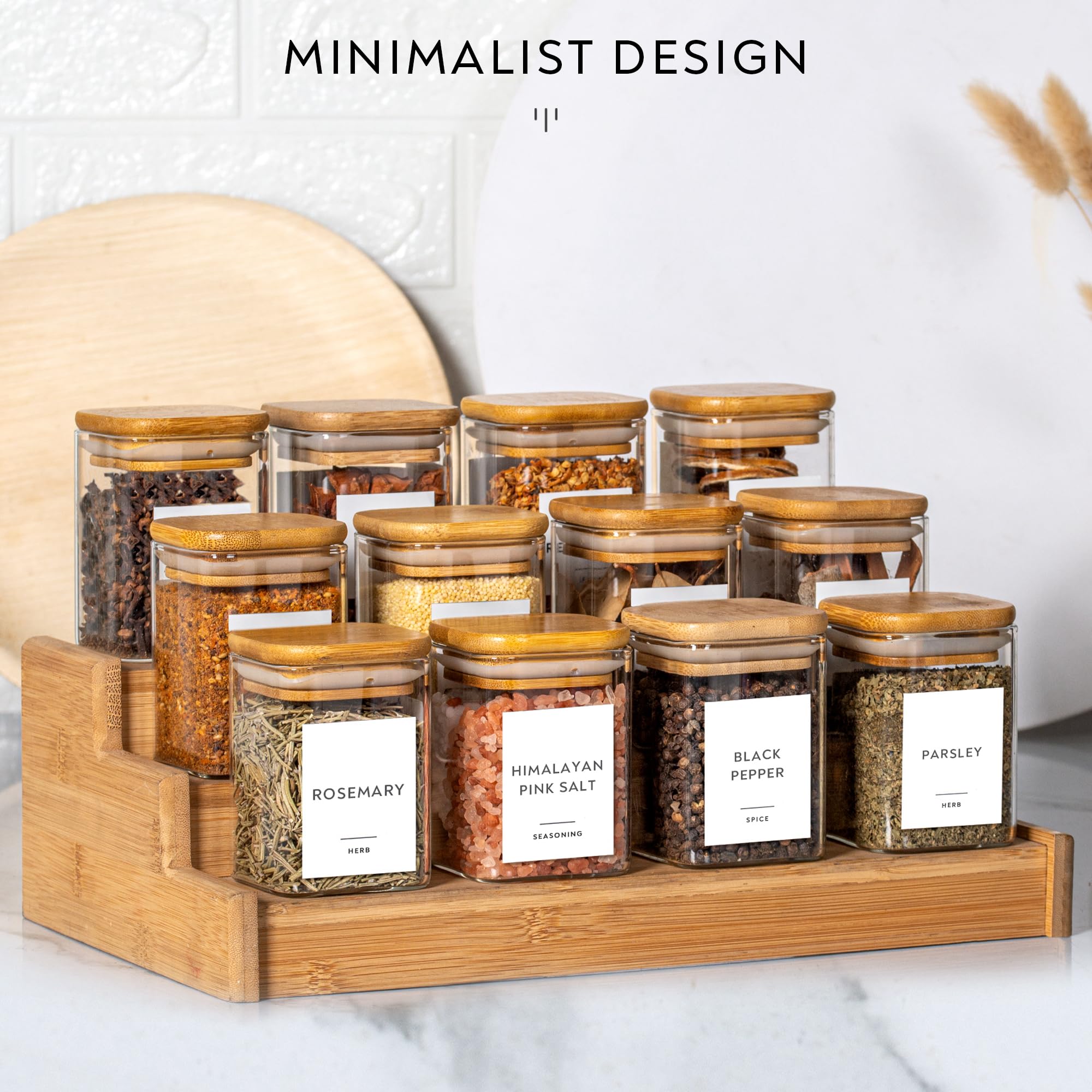 Laramaid 7oz 12Packs Glass Jars Set with 208 Minimalist Spice Labels, Square Spice Jars with Bamboo Lids and White Vinyl Customized Sticker Labels, Food Storage Container Canisters