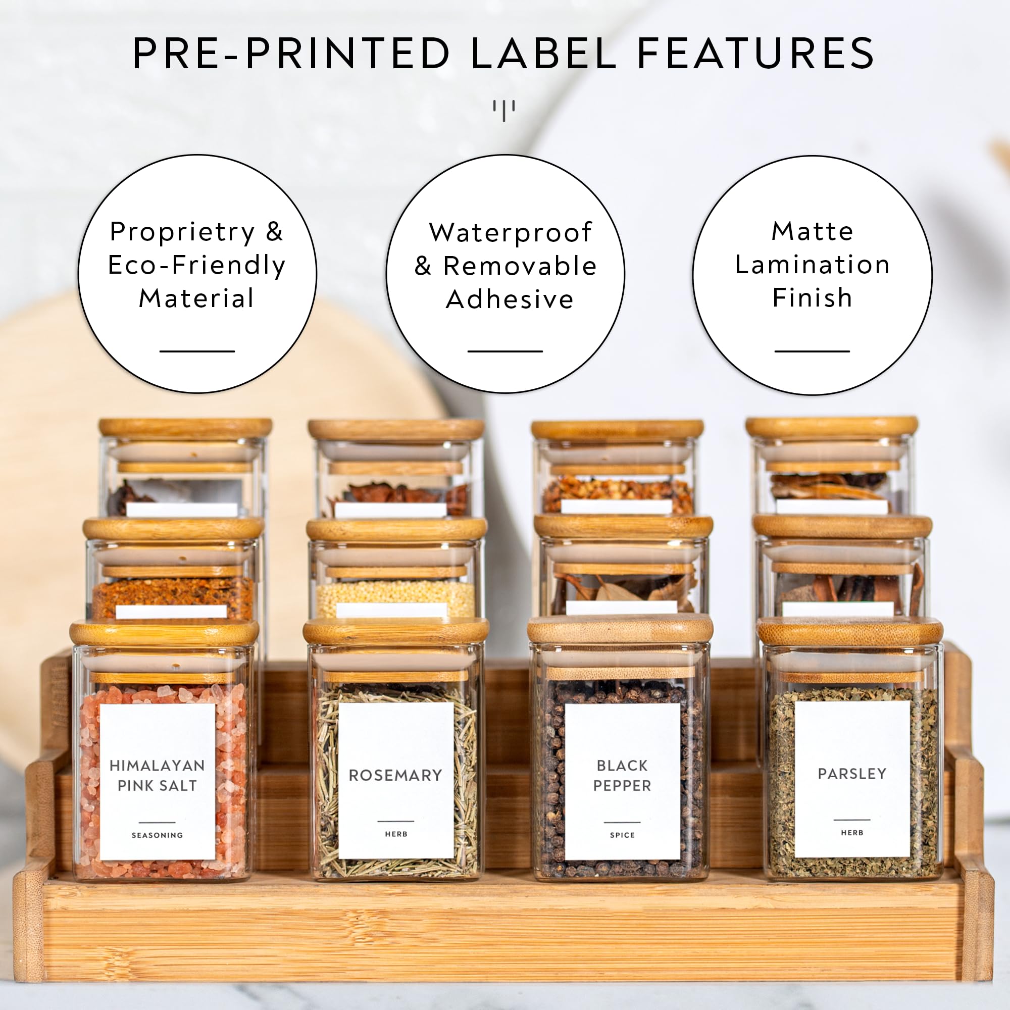 Laramaid 7oz 12Packs Glass Jars Set with 208 Minimalist Spice Labels, Square Spice Jars with Bamboo Lids and White Vinyl Customized Sticker Labels, Food Storage Container Canisters