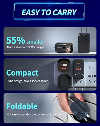 33W USB C Wall Charger GaN PD/QC 30W PPS Super Fast Charging Block with Watt Display& Foldable Plug Type-C Port Power Adapter for iPhone 14/13/12, Samsung S22/S21/S20, Pixel 7/6, iPad Pro/Air and More