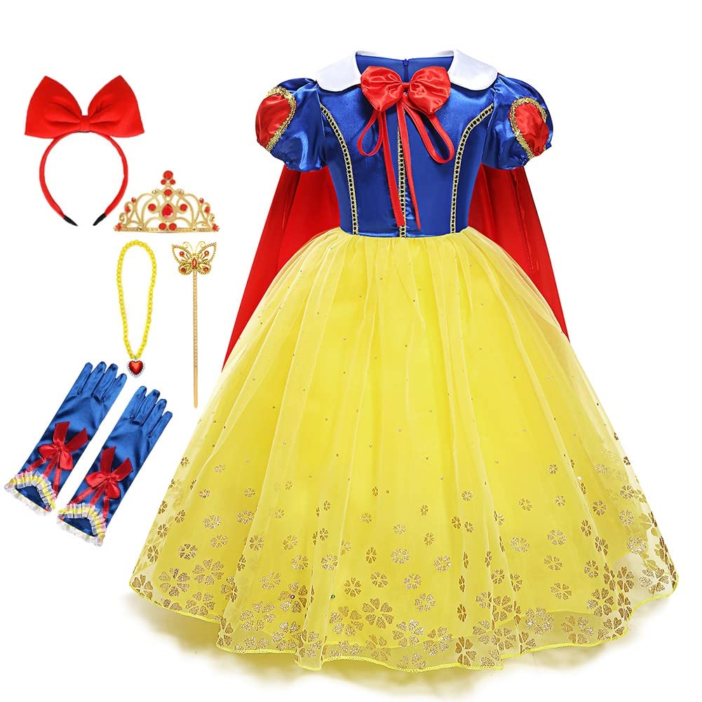 HIHCBF Girls Princess Snow White Costume Birthday Christmas Halloween Carnival Fancy Dress Up w/Cloak Accessories 4-5T