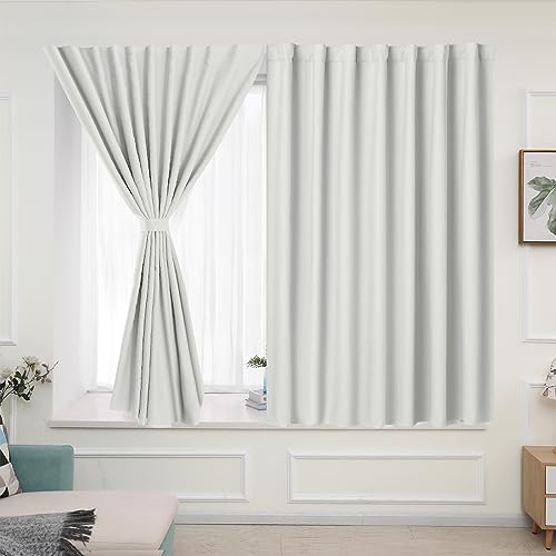 Muamar 2pcs Self Adhesive Small Blackout Curtains with Tiebacks,Portable Curtains for Kitchen Window,Cabinet Curtains Rental Curtains for Privacy Protect White 34" W X 36" L