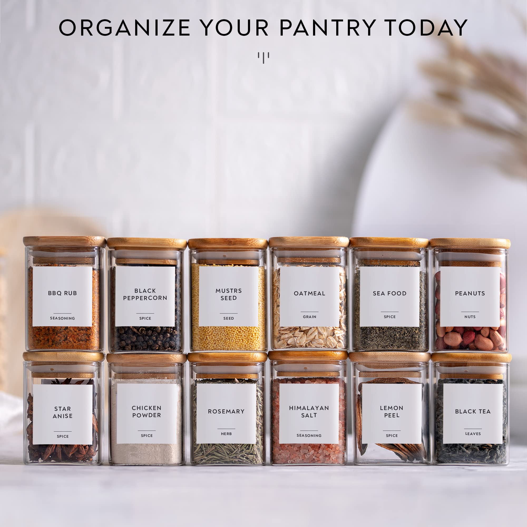 Laramaid 7oz 12Packs Glass Jars Set with 208 Minimalist Spice Labels, Square Spice Jars with Bamboo Lids and White Vinyl Customized Sticker Labels, Food Storage Container Canisters