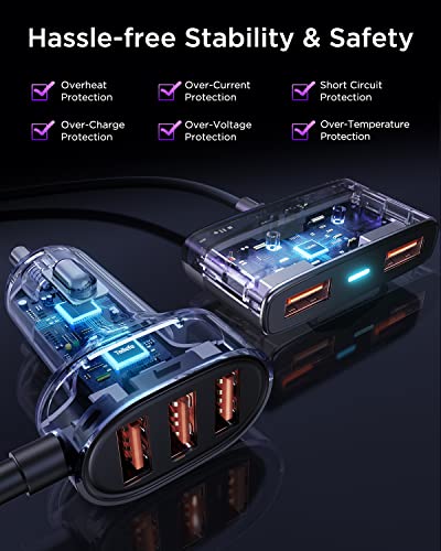 5 Multi USB Car Charger, Car Charger Adapter, USB Car Charger for Multiple Devices, 12V USB Charger Multi Port, Car Charger Cigarette Lighter Adapter USB Charger with 5FT Cable for Back Seat Charging