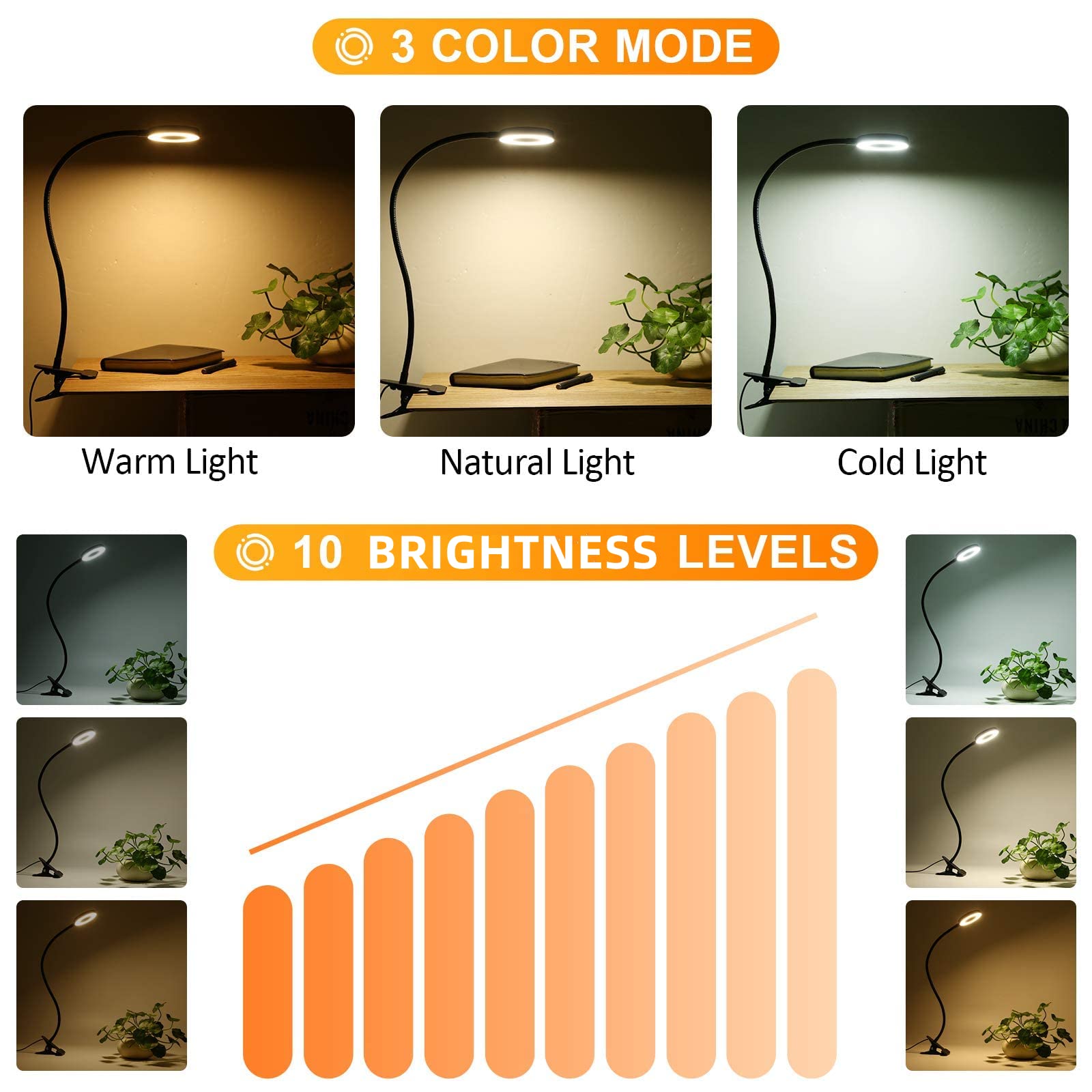 Dpower Clip on Light Reading Lights, 48 LED USB Desk Lamp with 3 Color Modes 10 Brightness, Eye Protection Book Clamp Light, 360 ° Flexible Gooseneck Clamp Lamp for Desk Headboard Video Conferencing