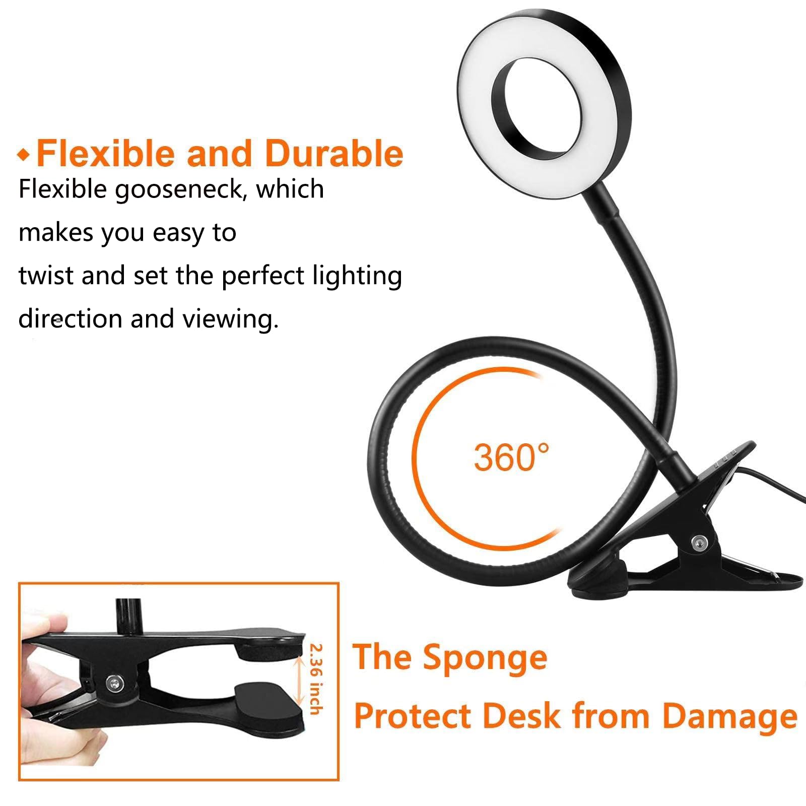 Dpower Clip on Light Reading Lights, 48 LED USB Desk Lamp with 3 Color Modes 10 Brightness, Eye Protection Book Clamp Light, 360 ° Flexible Gooseneck Clamp Lamp for Desk Headboard Video Conferencing