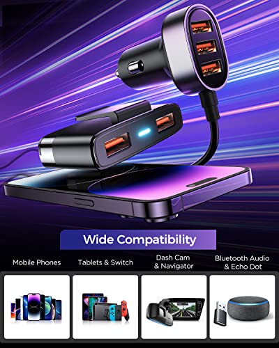 5 Multi USB Car Charger, Car Charger Adapter, USB Car Charger for Multiple Devices, 12V USB Charger Multi Port, Car Charger Cigarette Lighter Adapter USB Charger with 5FT Cable for Back Seat Charging